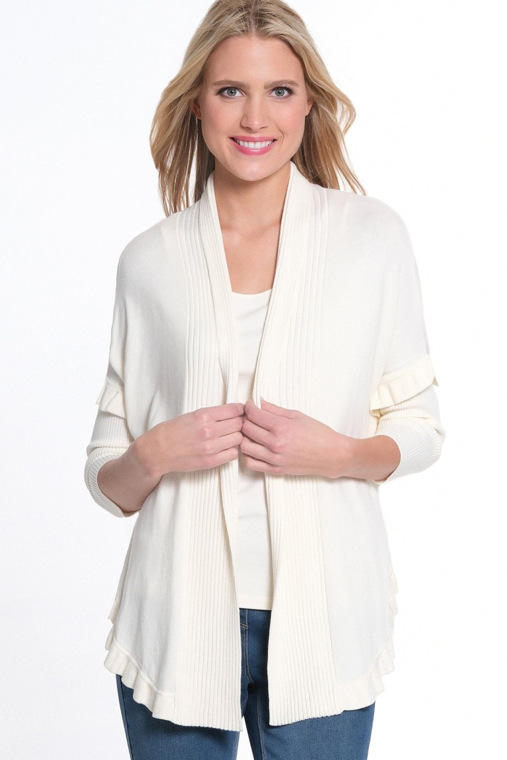 3/4 Sleeve Ruffle Hem Shawl Collar Sweater Cardigan - Fashion Faze